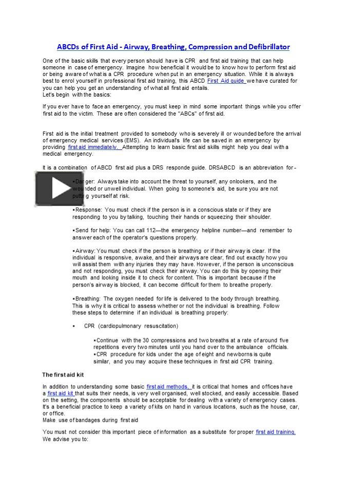 ABCDs of First Aid - Airway, Breathing, Compression and Defibrillator ...