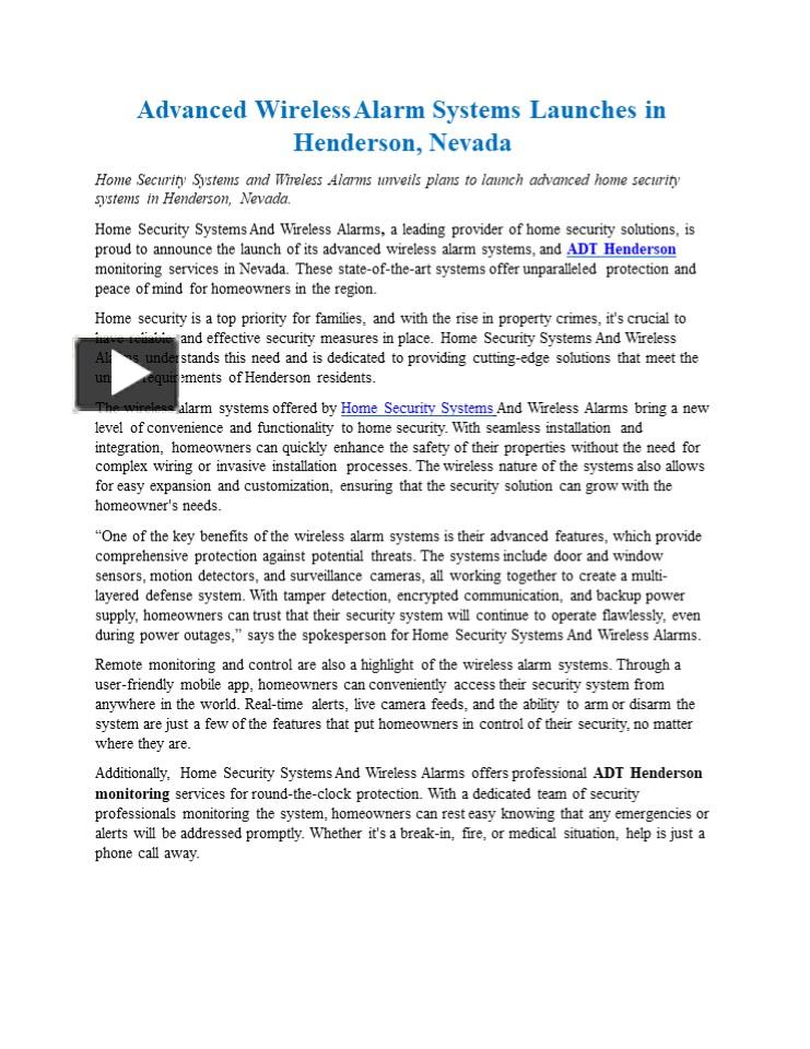 PPT – Advanced Wireless Alarm Systems Launches in Henderson, Nevada ...