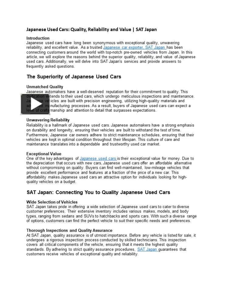 Japanese Used Cars: Quality, Reliability and Value | SAT Japan ...