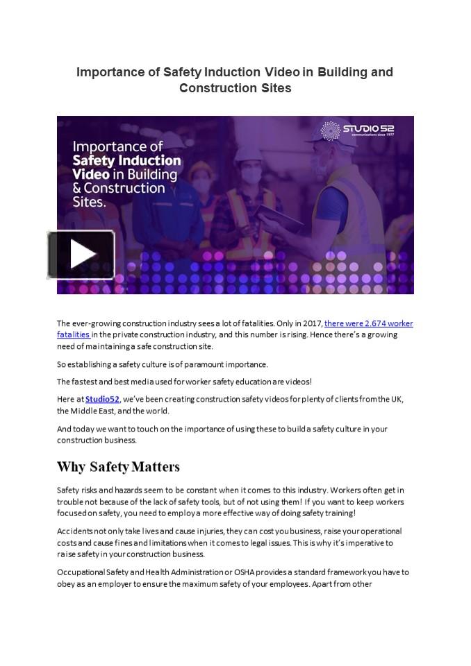 Importance of Safety Induction Video in Building and Construction Sites ...