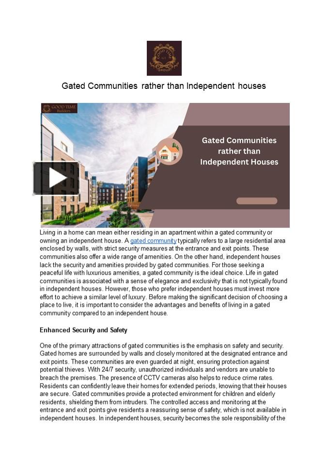 Gated Communities rather than Independent houses | Good Time Builders ...