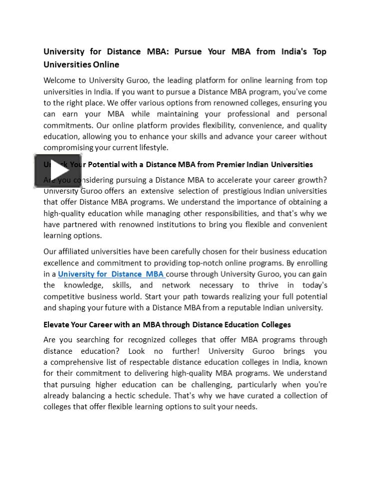 PPT – University for Distance MBA: Pursue Your MBA from India's Top ...