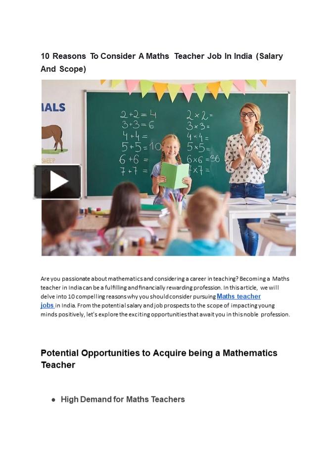 Maths Teacher Jobs- 10 Reasons To Do The Job presentation | free to ...