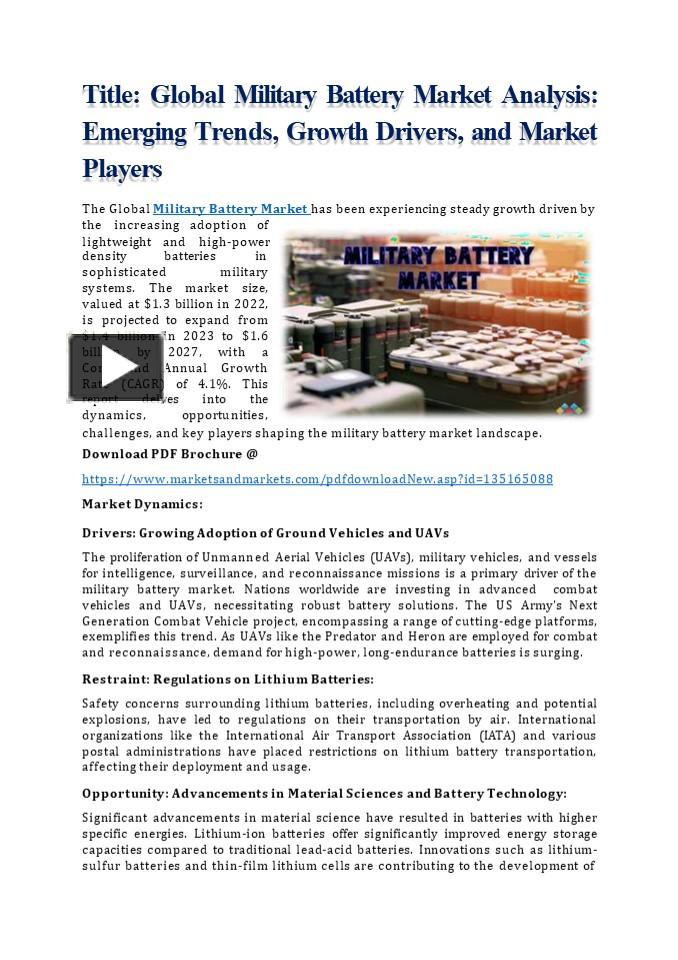 Global Military Battery Market Analysis, Emerging Trends & Growth 2027 ...