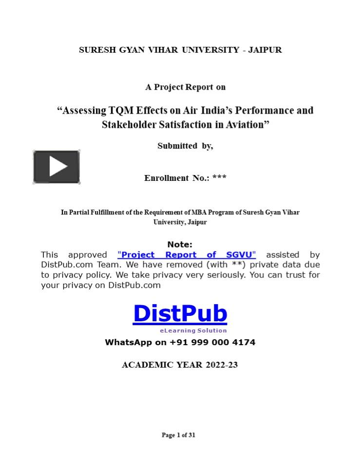 PPT – Approved SGVU Project Report Assessing TQM Effects on Air India's ...