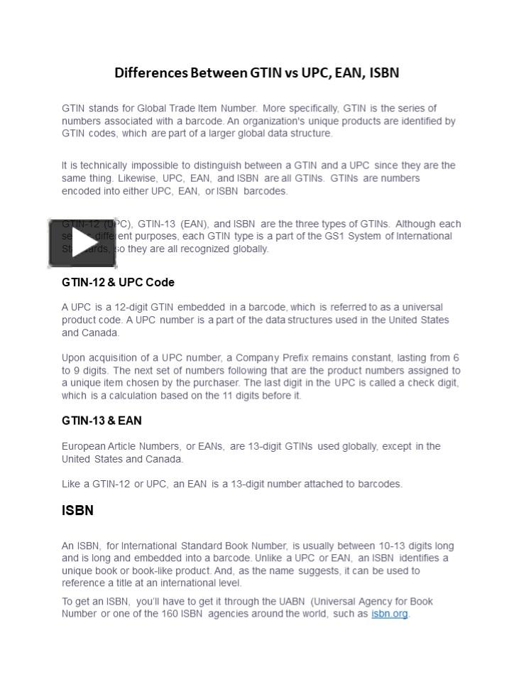 Differences Between GTIN vs UPC, EAN, ISBN presentation | free to download