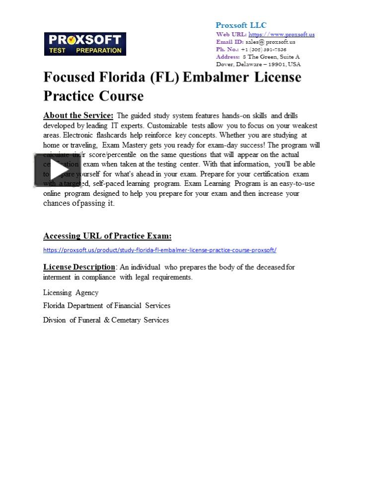Focused Florida (FL) Embalmer License Practice Course presentation ...