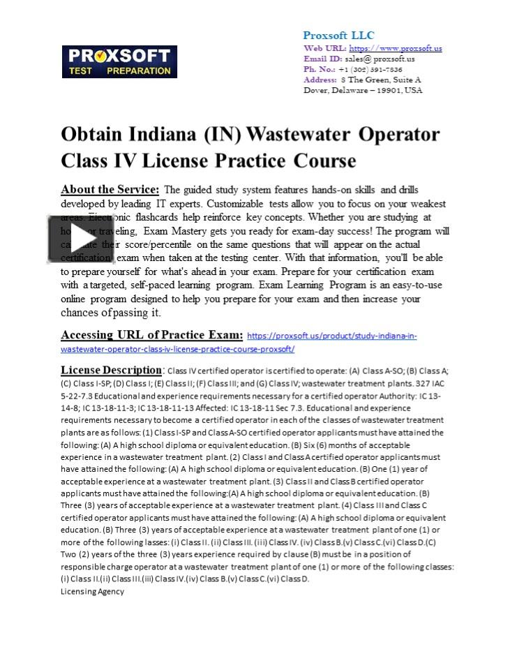 Obtain Indiana (IN) Wastewater Operator Class IV License Practice ...