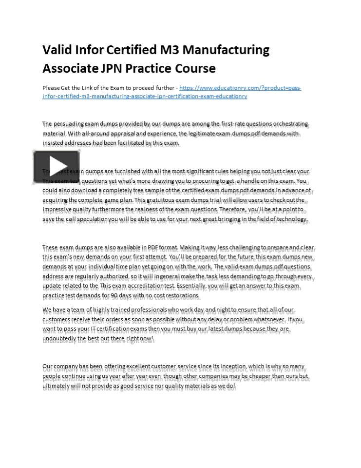 Valid Infor Certified M3 Manufacturing Associate JPN Practice Course ...