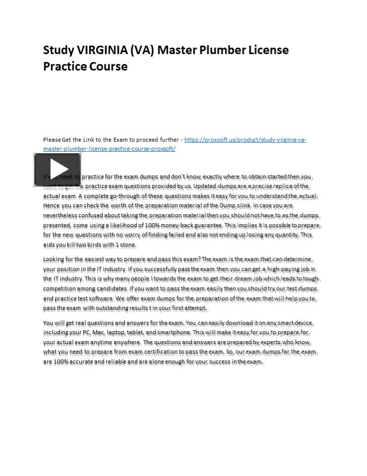Study VIRGINIA (VA) Master Plumber License Practice Course presentation ...