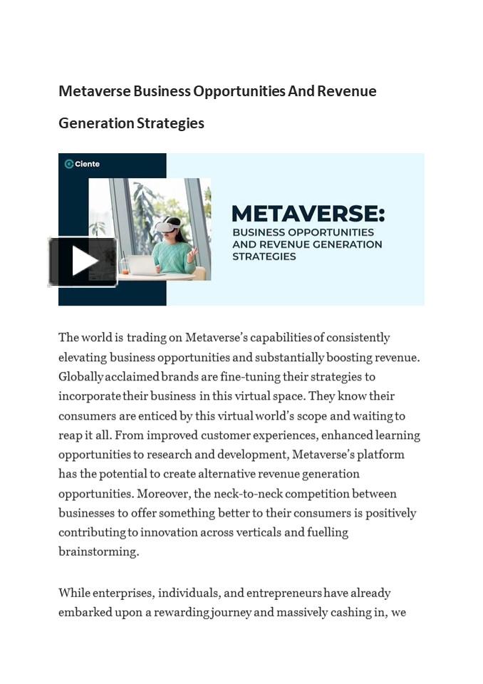 Metaverse Business Opportunities And Revenue Generation Strategies ...