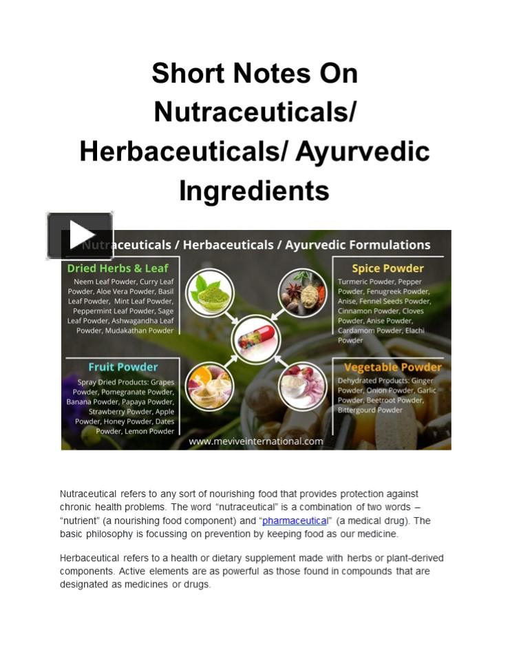 Short Notes On Nutraceuticals/ Herbaceuticals/ Ayurvedic Ingredients ...