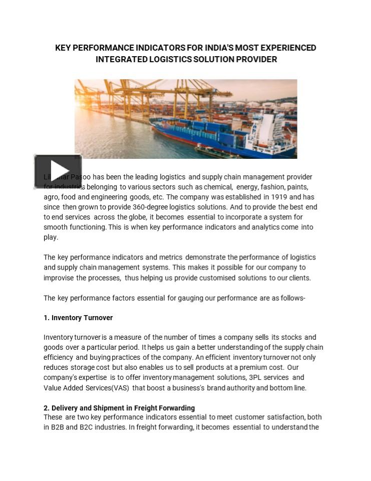 KEY PERFORMANCE INDICATORS FOR INDIA'S MOST EXPERIENCED INTEGRATED ...