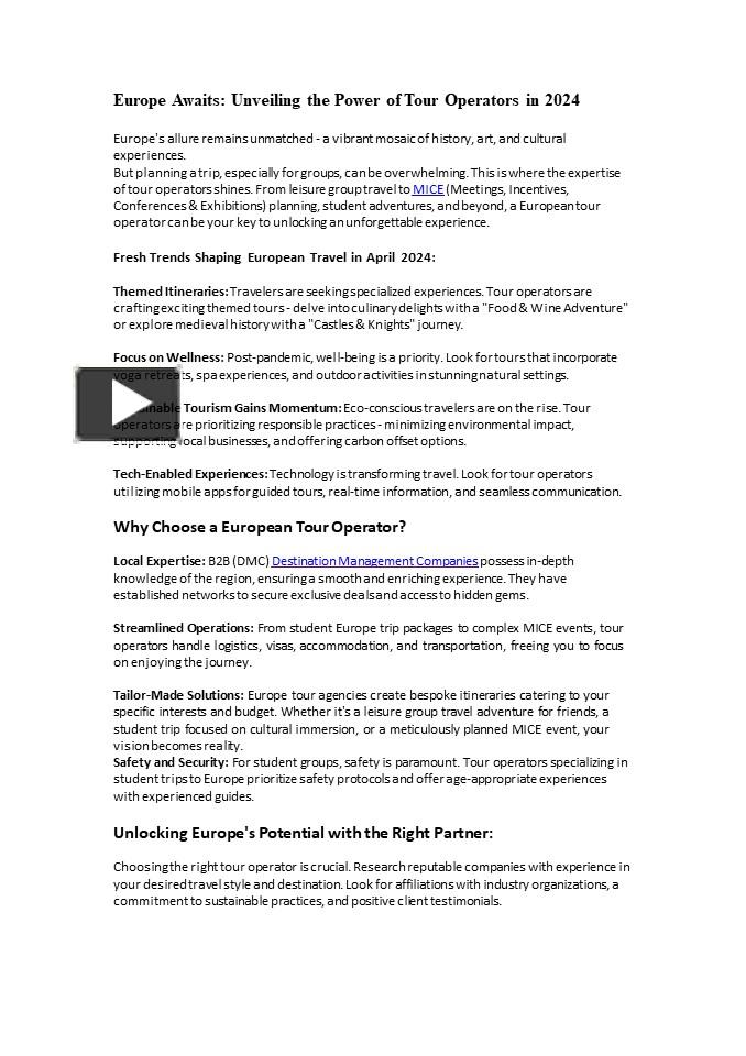 PPT – Europe Awaits: Unveiling the Power of Tour Operators in 2024 ...