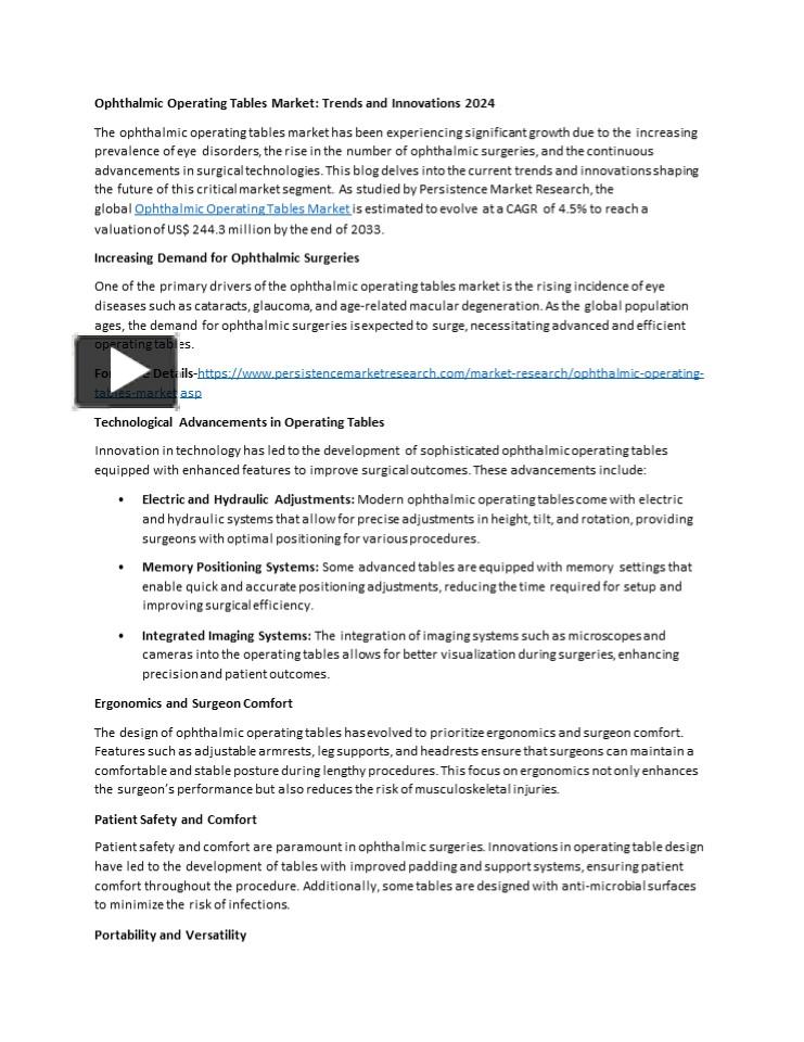 Ophthalmic Operating Tables Market: Current Scenario and Future ...