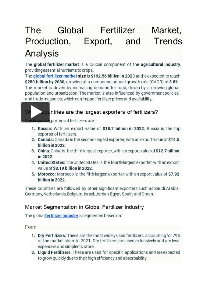 The Global Fertilizer Market, Production, Export, and Trends Analysis ...
