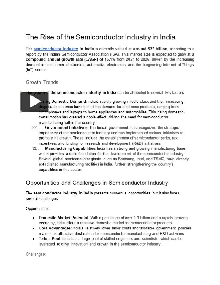 The Rise of the Semiconductor Industry in India presentation | free to ...