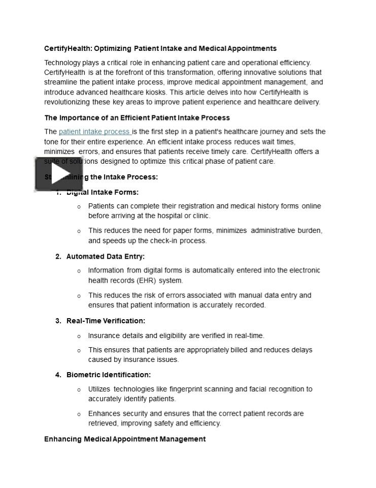 PPT – CERTIFYHEALTH: OPTIMIZING PATIENT INTAKE AND MEDICAL APPOINTMENTS ...