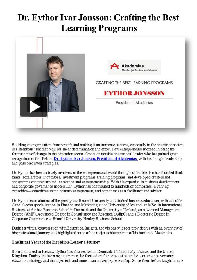 Dr. Eythor Ivar Jonsson: Crafting the Best Learning Programs ...