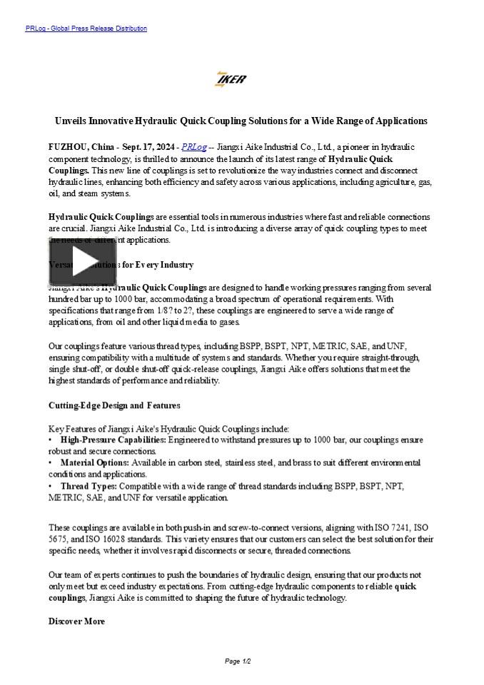 PPT – Unveils Innovative Hydraulic Quick Coupling Solutions for a Wide ...