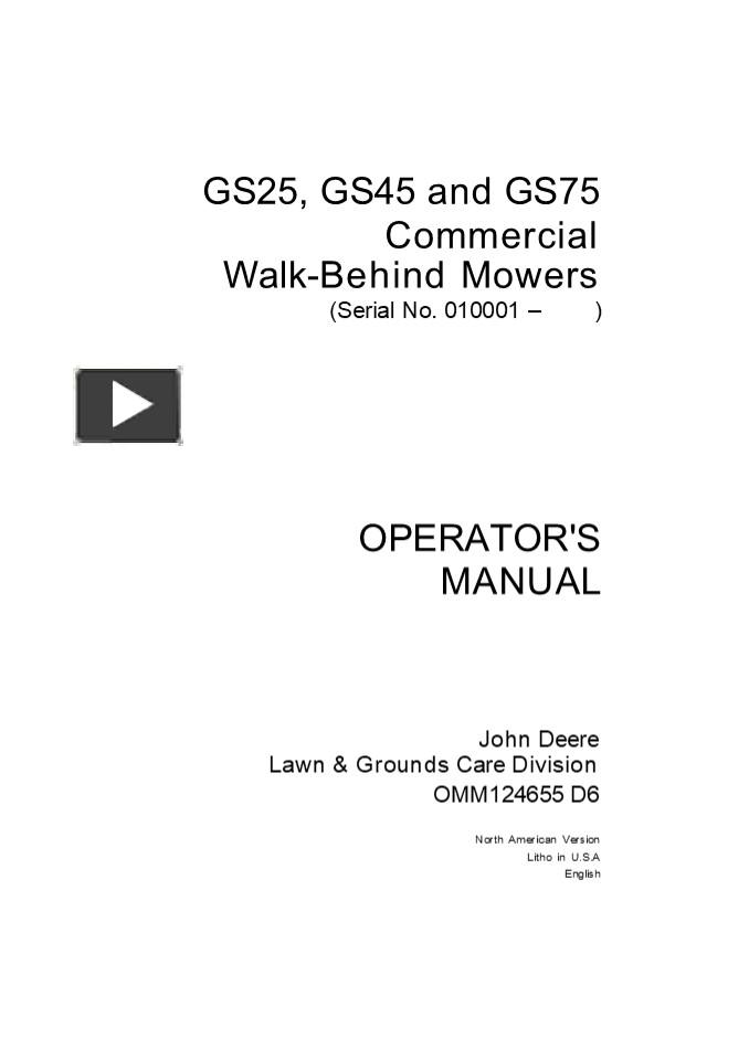 John Deere GS75 Commercial Walk-Behind Mowers Operator’s Manual Instant ...