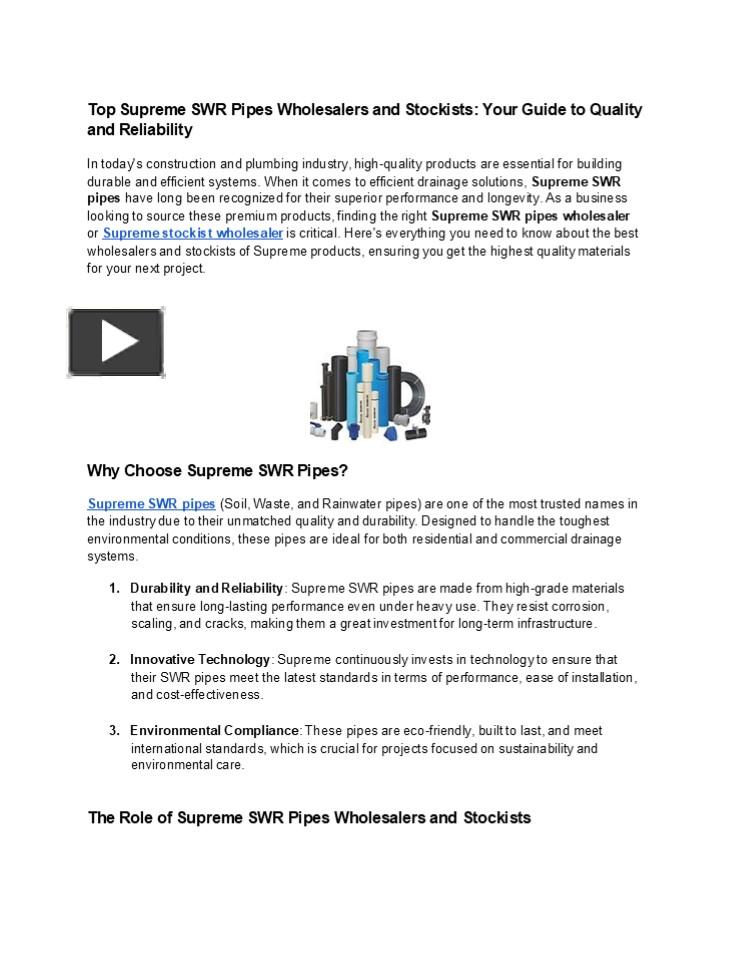 PPT – Top Supreme SWR Pipes Wholesalers and Stockists: Your Guide to ...