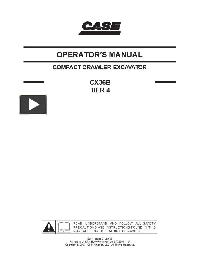 CASE CX36B TIER 4 COMPACT CRAWLER EXCAVATOR Operator Manual Instant ...