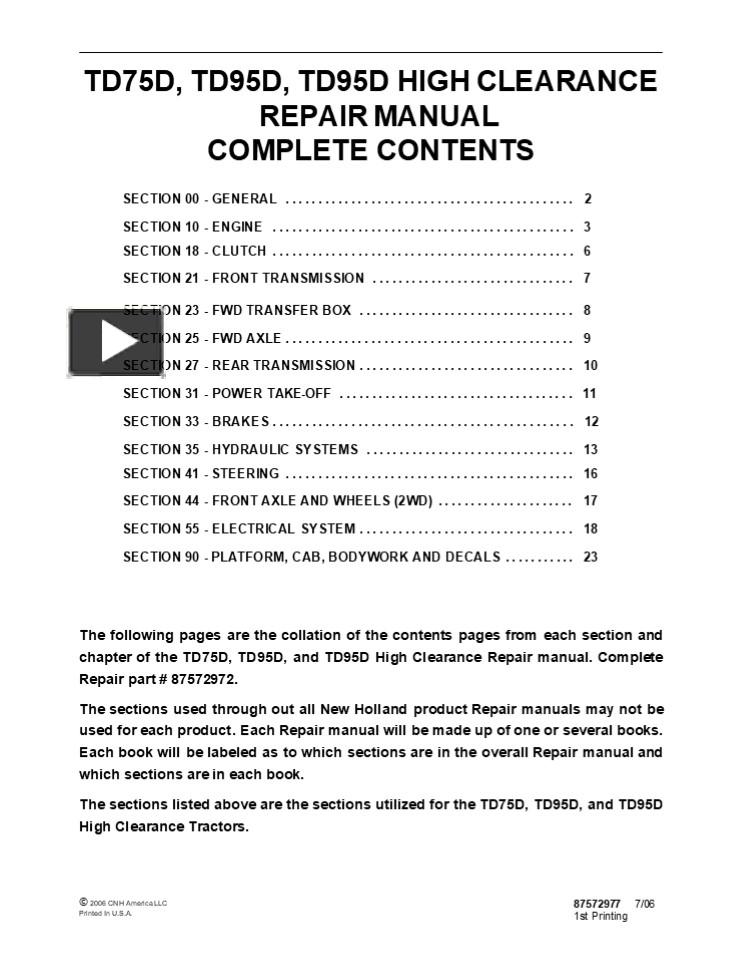 New Holland TD95D HIGH CLEARANCE Tractor Service Repair Manual Instant ...