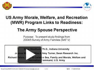 US Army Morale, Welfare, and Recreation MWR Program Links to Readiness ...
