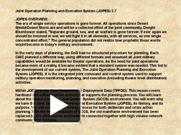 Joint Operation Planning and Execution System JOPES 2'7 presentation ...