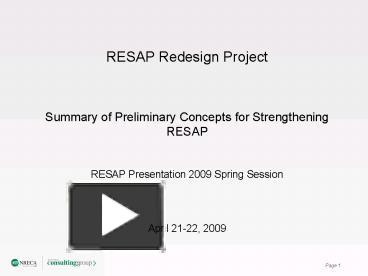 RESAP Redesign Project Summary of Preliminary Concepts for ...
